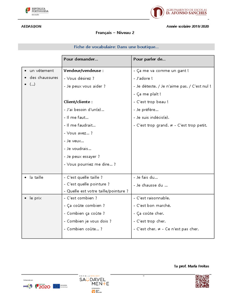 8e - Fiche Vocabulaire - Dans Un Magasin | PDF