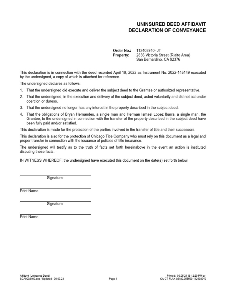 Affidavit (Uninsured Deed) | PDF