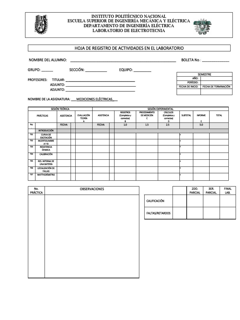 Lab Mediciones Electricas hoja de control ESIME | PDF
