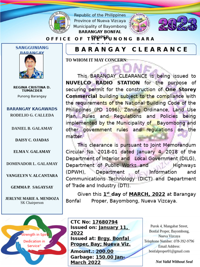 Barangay Clearance Building Permit | PDF