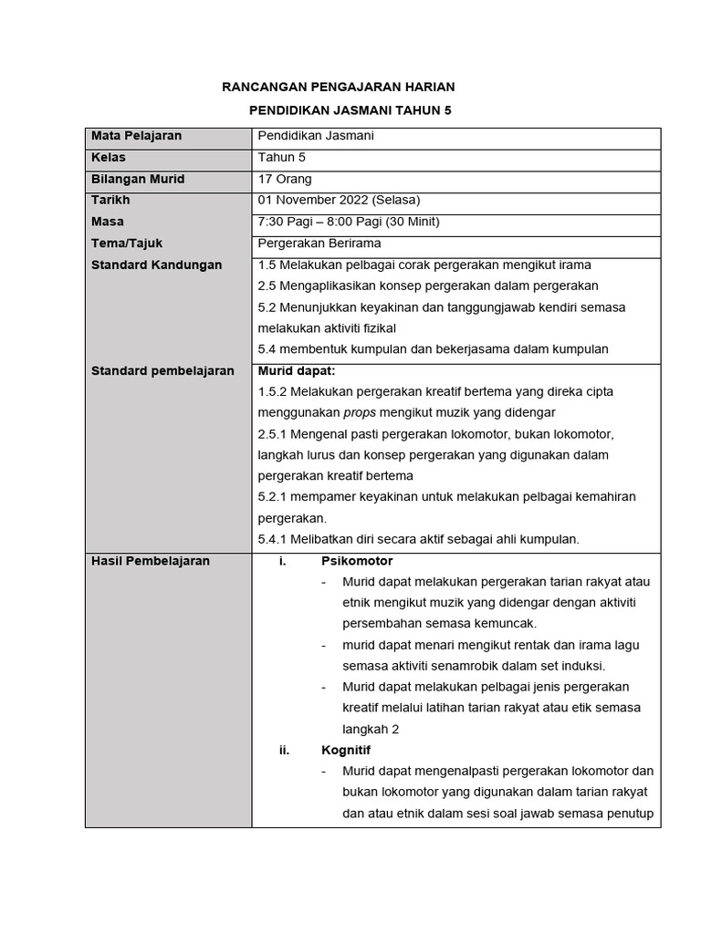 Rancangan Pengajaran Harian PJ Tahun5 | PDF