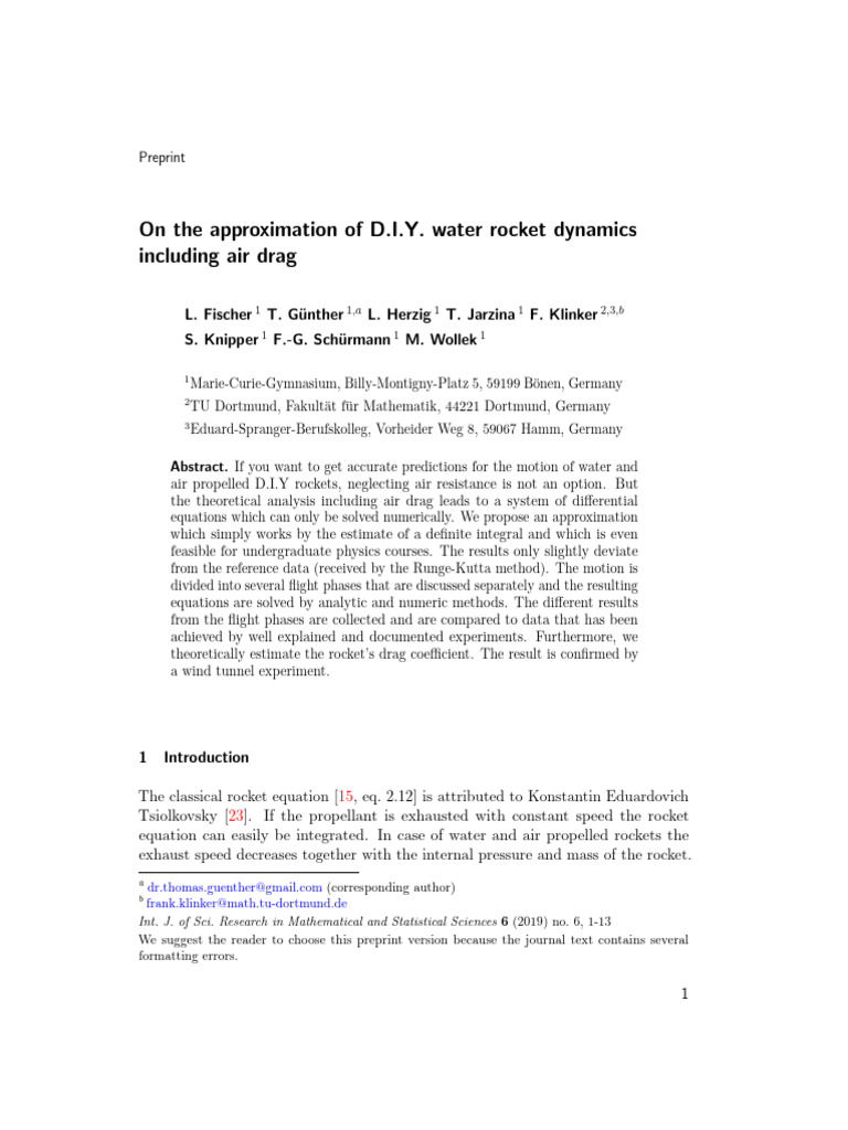 On The Approximation of D.I.Y. Water Rocket Dynamics Including Air Drag | PDF