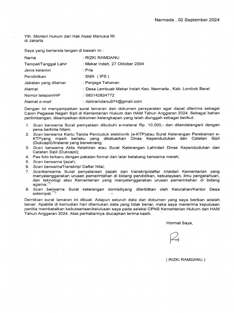 Surat Lamaran Rizky | PDF