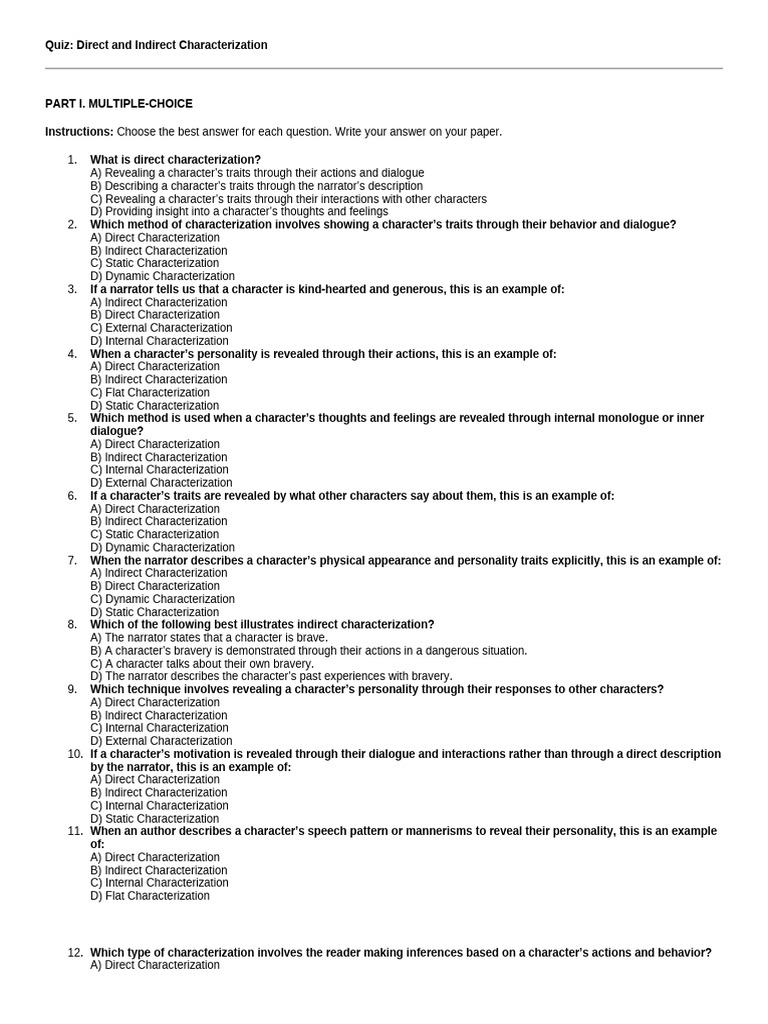 Quiz - Direct & Indirect Characterization | PDF