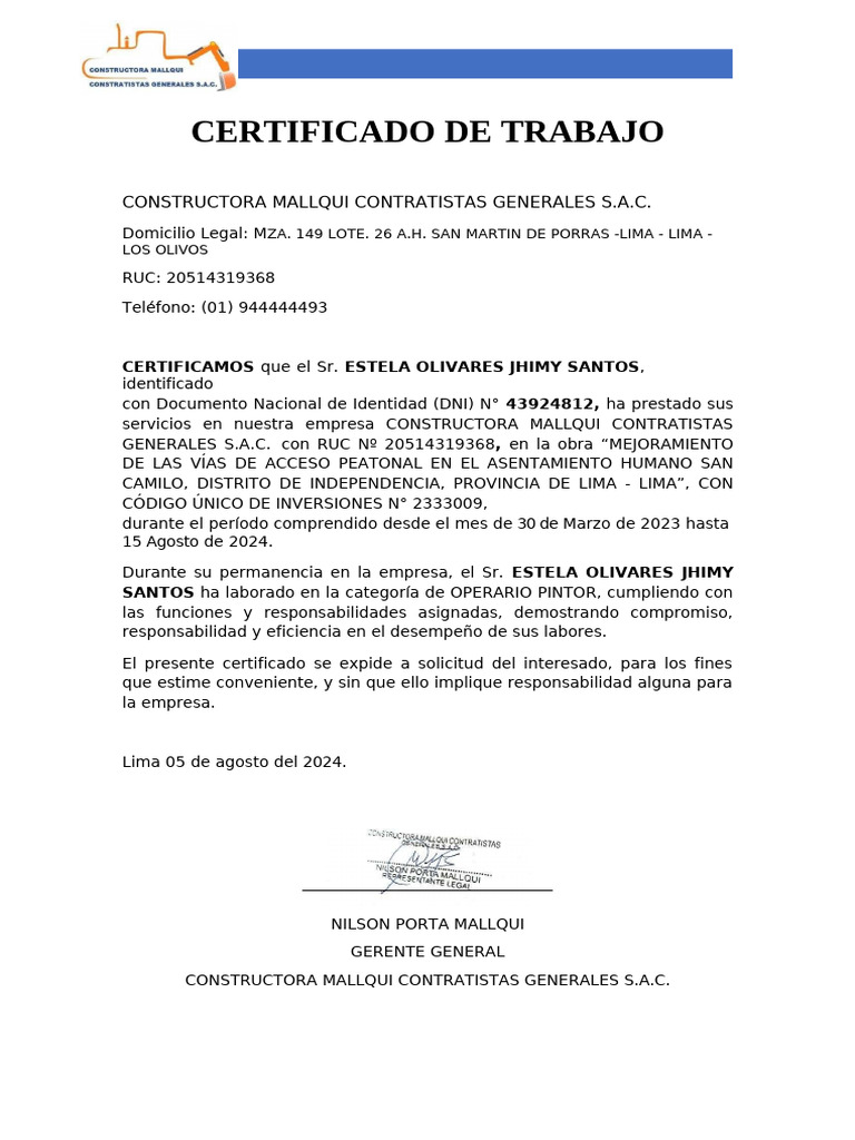 Certificado de Trabajo: Constructora Mallqui Contratistas Generales S.A.C | PDF