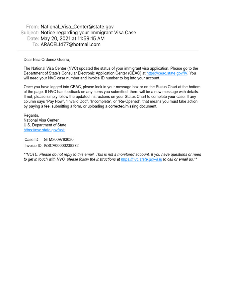 Notice Regarding Your Immigrant Visa Case 2 | PDF