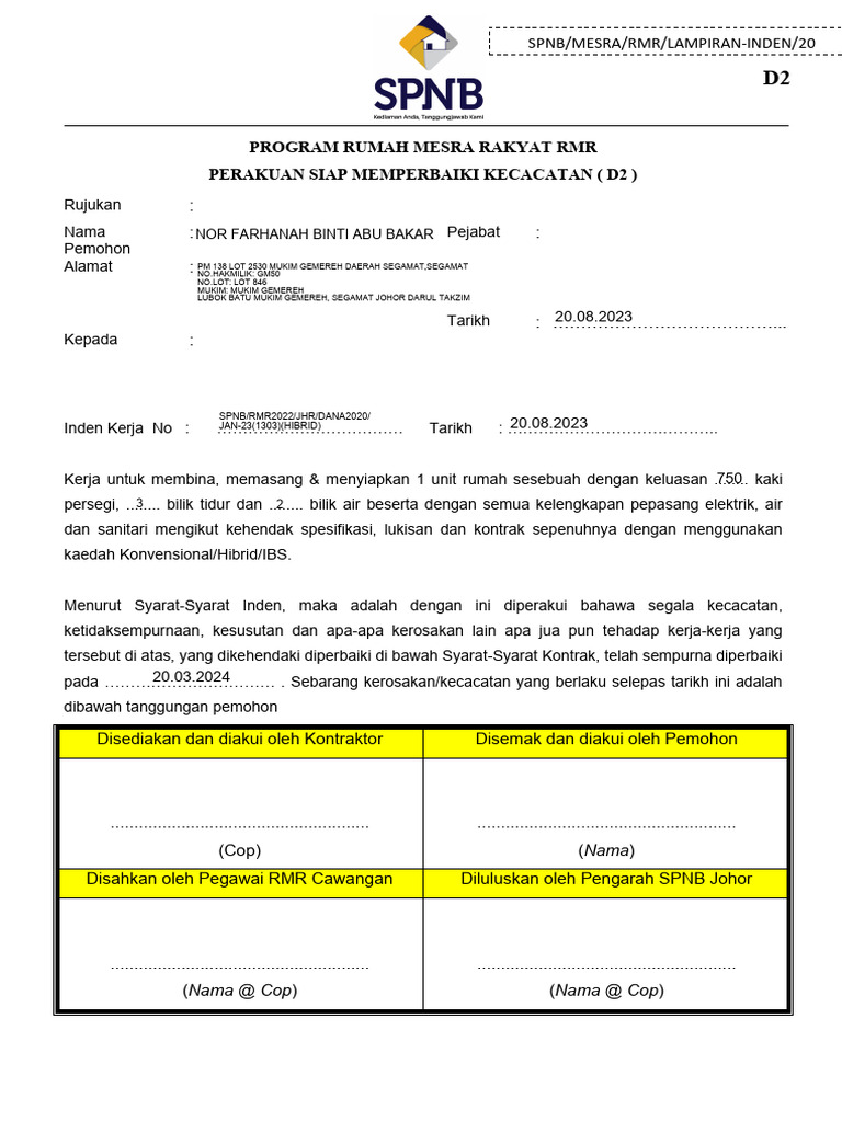 Format Borang Perakuan Siap Memperbaiki Kecacatan - d2 | PDF