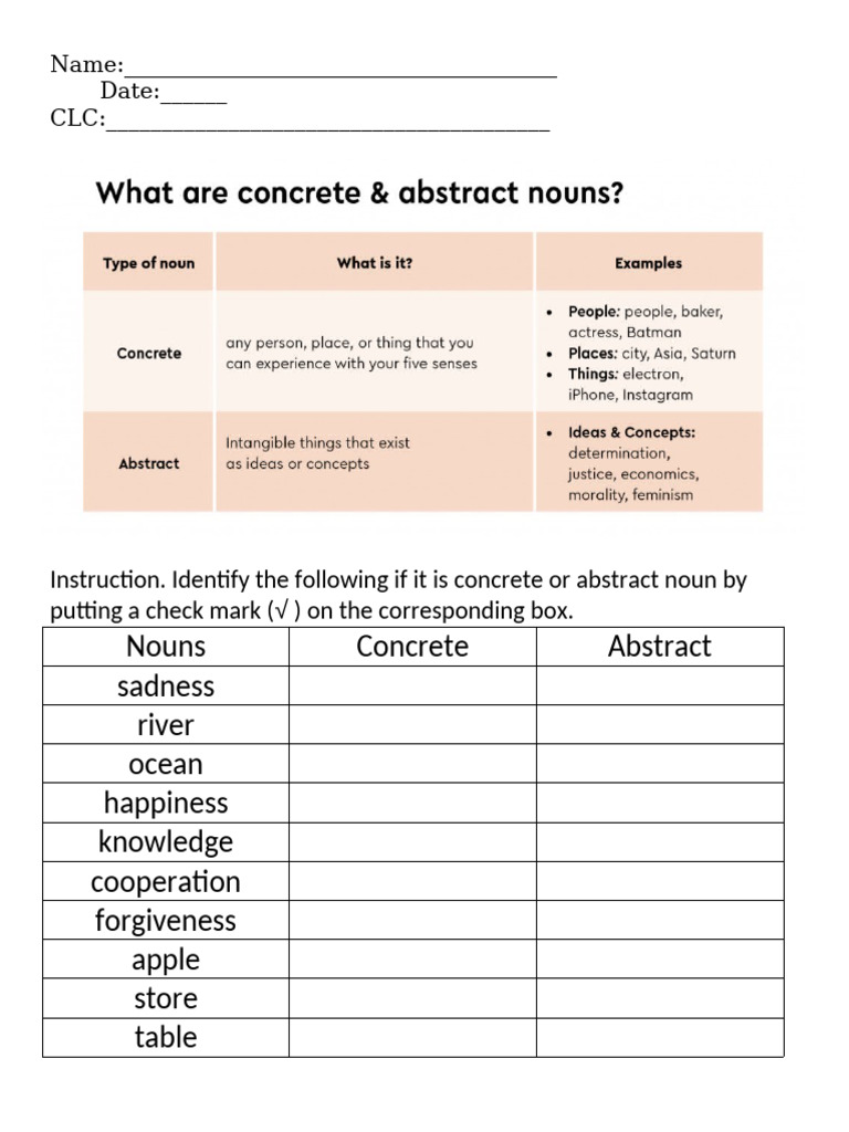 Concrete and Abstract Worksheets | PDF