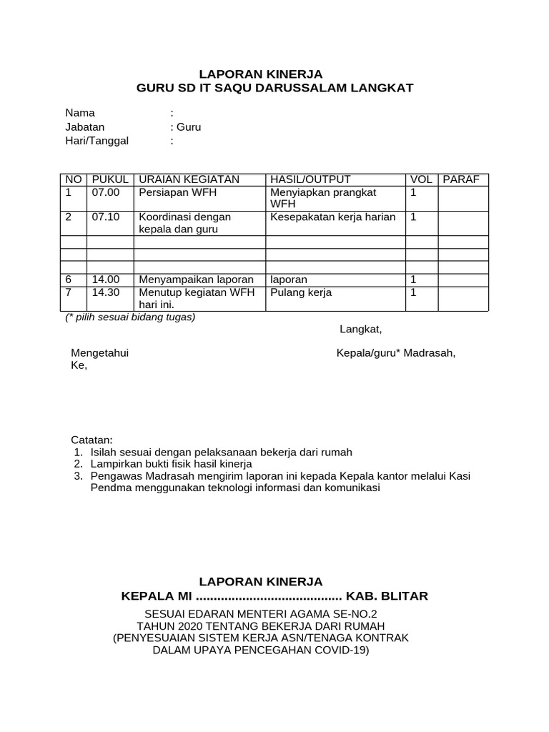 Contoh Laporan Harian Guru WFH | PDF