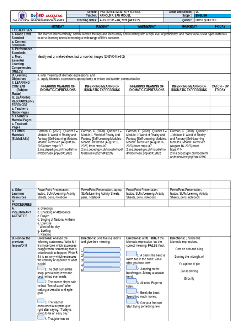 G6 Q1W2 DLL ENGLISH (MELCs) | PDF