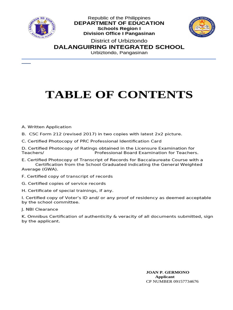 SHS Table of Content 1 | PDF