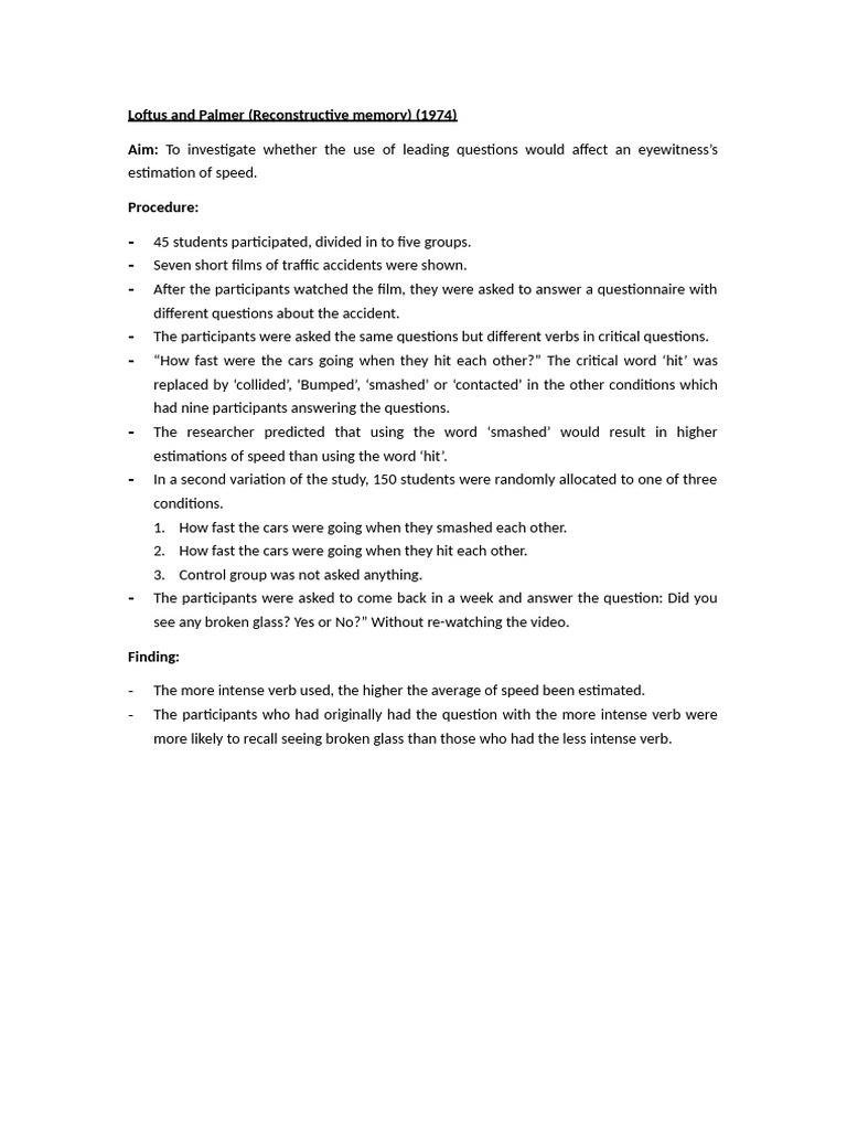 Loftus and Palmer (Reconstructive Memory) (1974) | PDF