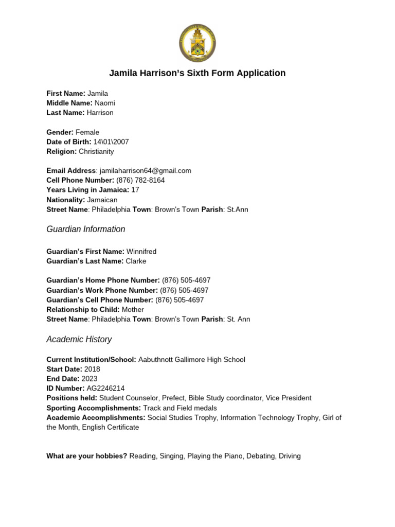 Jamila Harrison Sixth Form Application | PDF