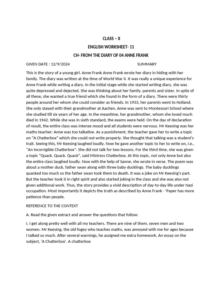 Anne Frank's Chatterbox Essay Experience | PDF | Tiger | Poetry