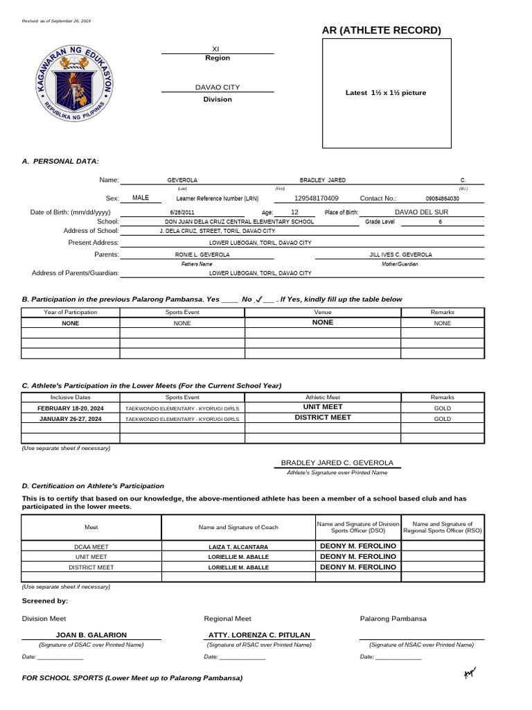 2020 Athlete Record GEVEROLA | PDF