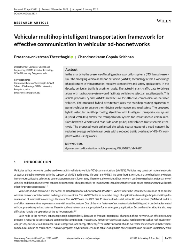 Vehicular Multihop Intelligent Transportation Framework For Effective Communication in Vehicular ...