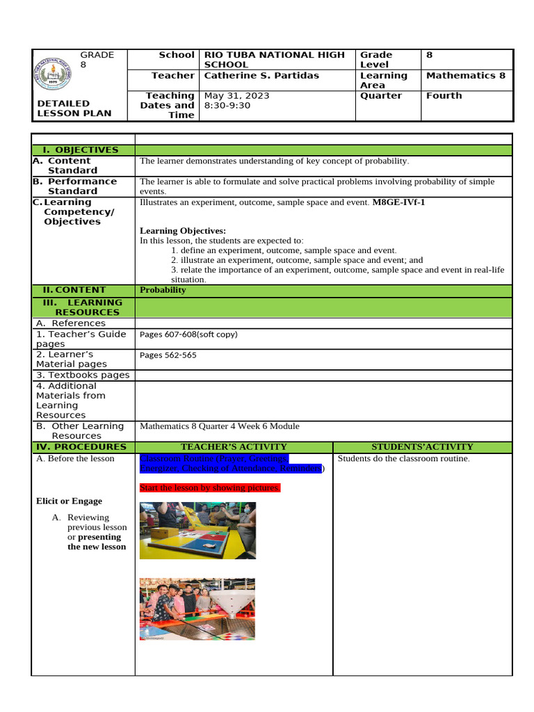 Probability Lesson Plan for Grade 8 | PDF | Learning | Lesson Plan
