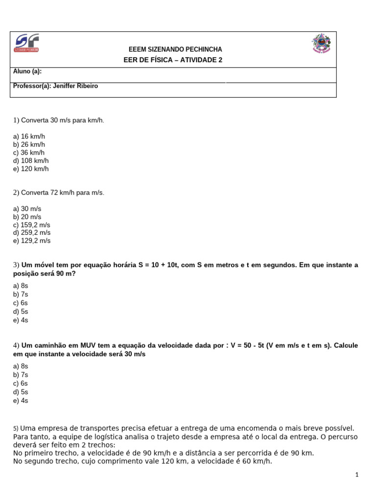 EER Física 1 Ano - ATIV 2 | PDF