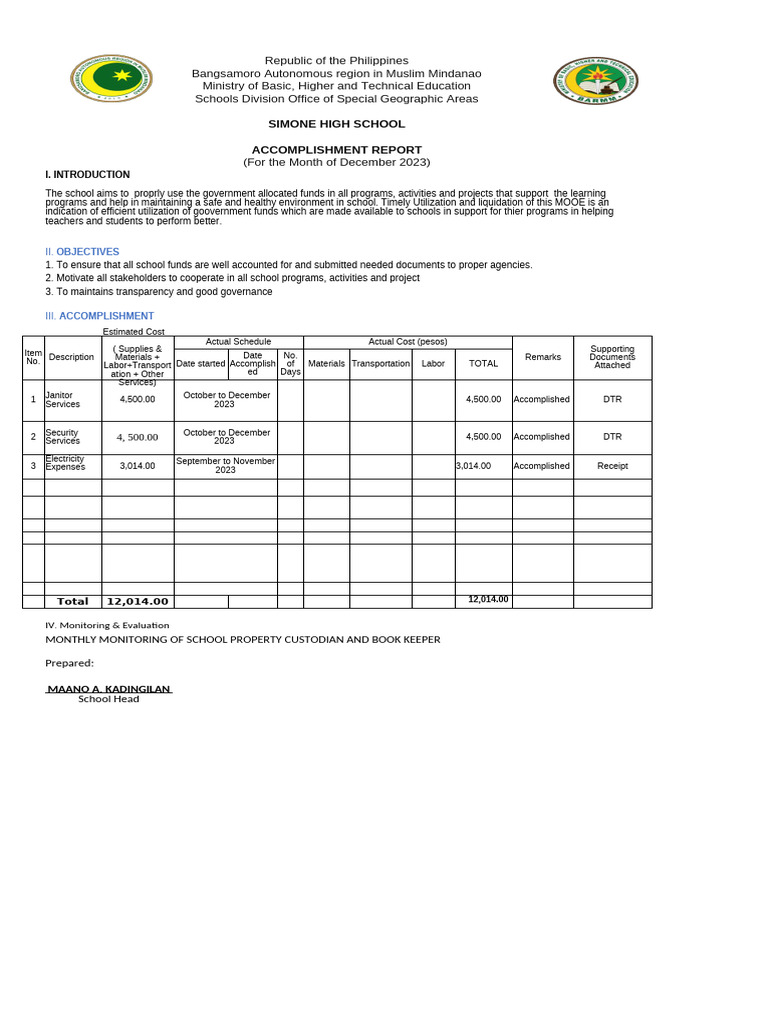 Accomplishment Report DECEMBER | PDF