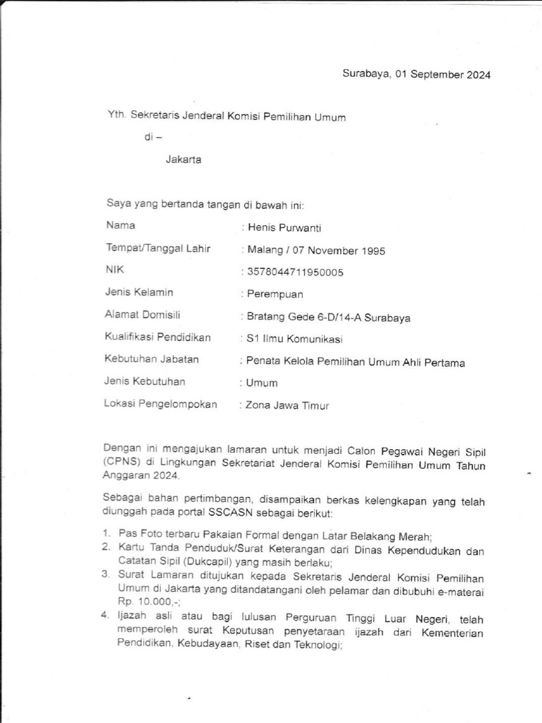 Surat Lamaran Henis | PDF