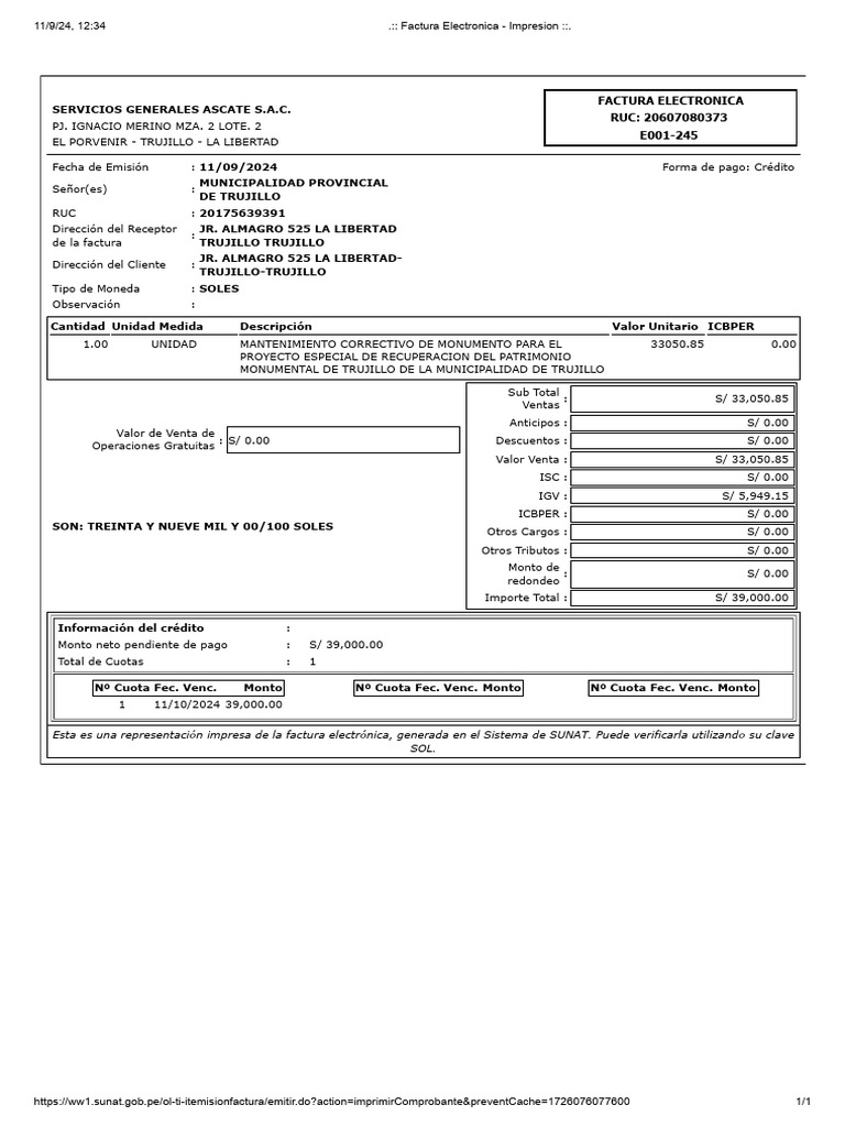 FACTURA ELECTRONICA E001-245 | PDF