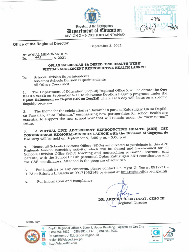 RM - 495 - Oplan Kalusugan Sa DepEd One Health Week Virtual Adolsecent ...