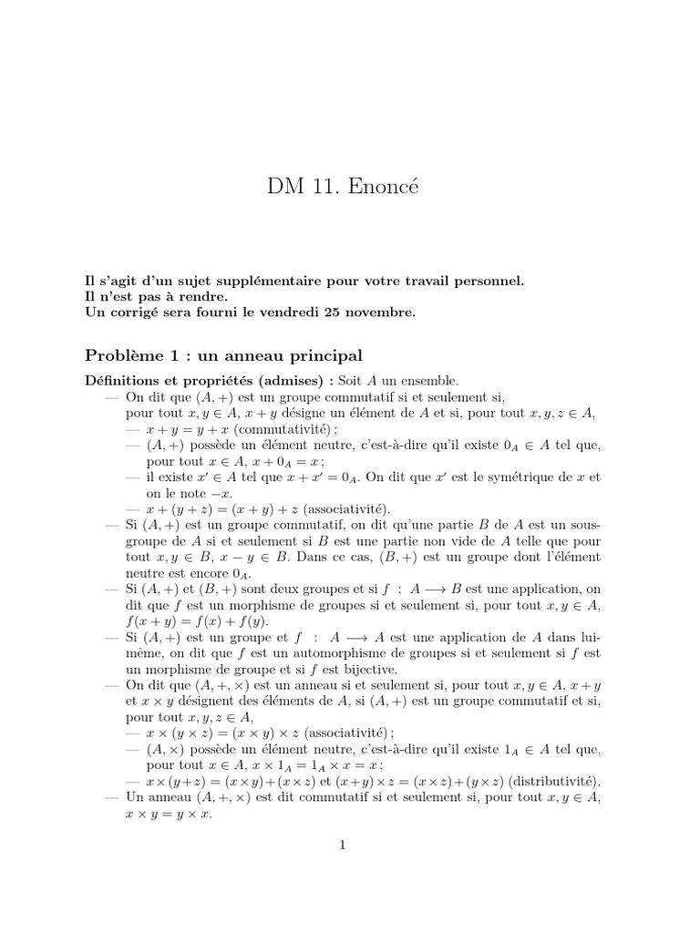 DM 11, Supplémentaire - Énoncé - Un Anneau Principal, Une Intégrale ...