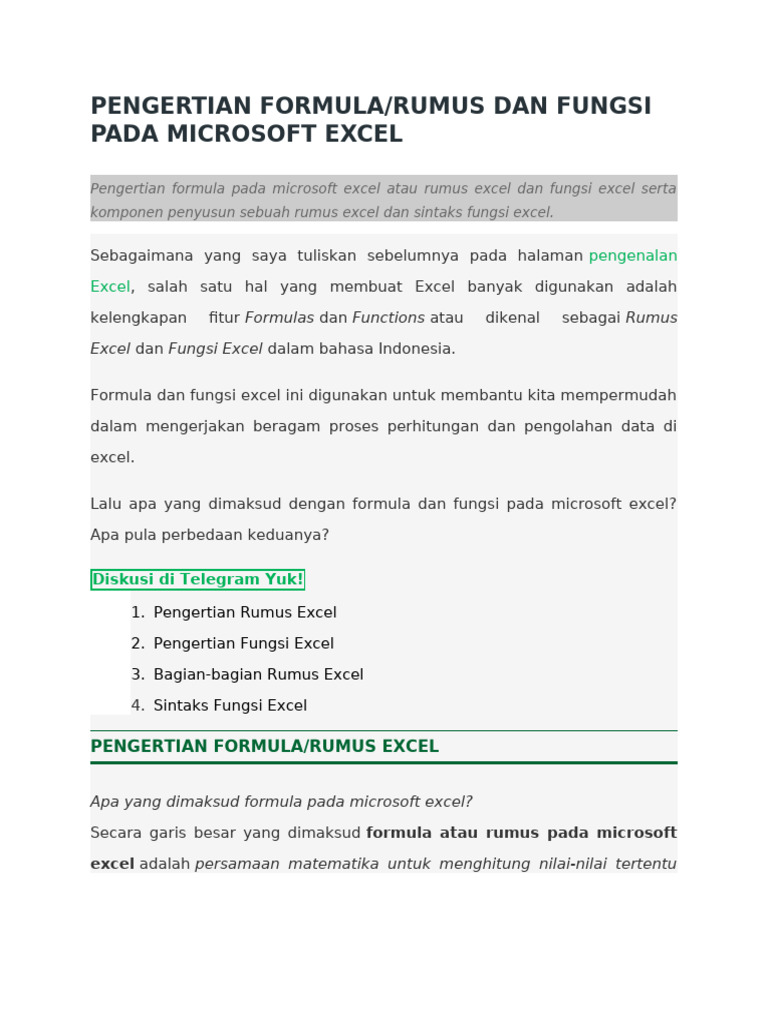 PENGERTIAN FORMULA Atau RUMUS DAN FUNGSI PADA MICROSOFT EXCEL | PDF