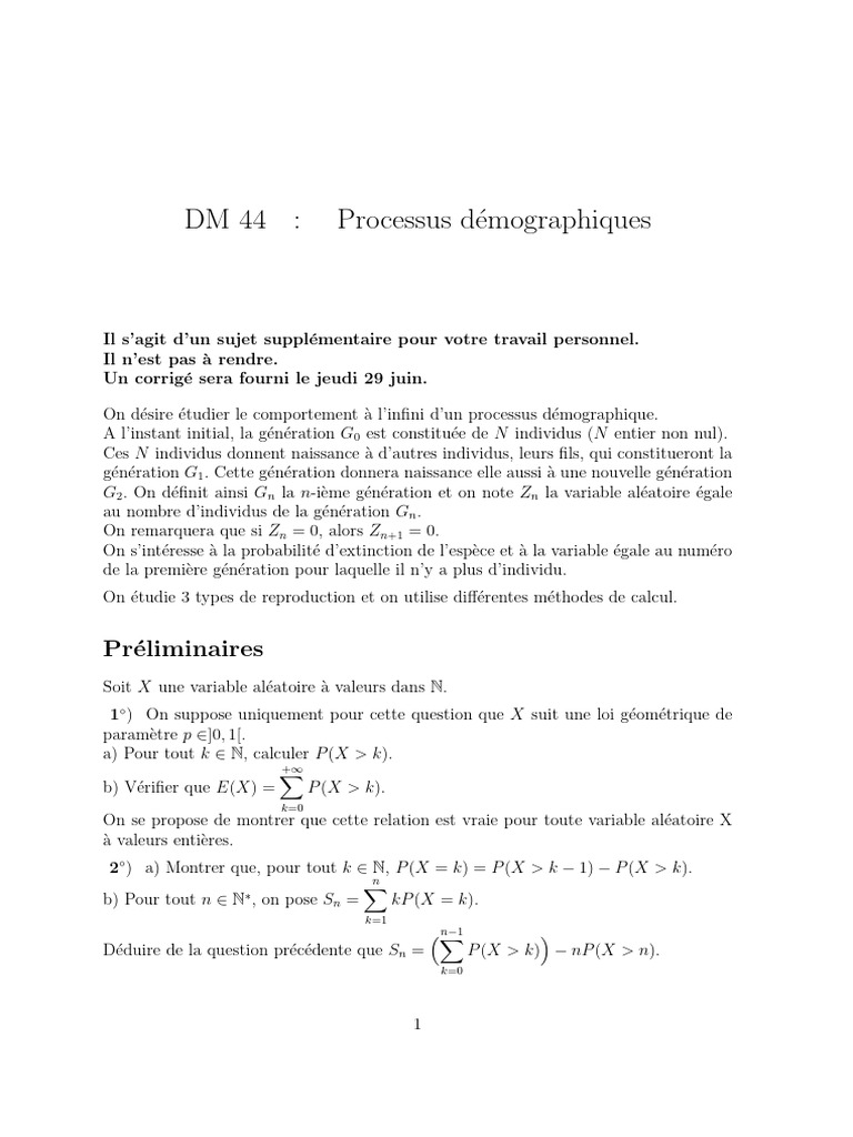 DM 44, Supplémentaire - Énoncé - Processus Démographiques | PDF
