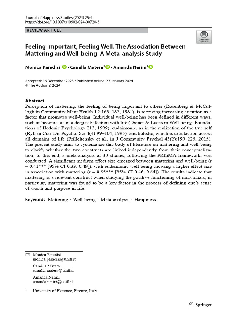Feeling Important, Feeling Well. The Association Between Mattering and ...
