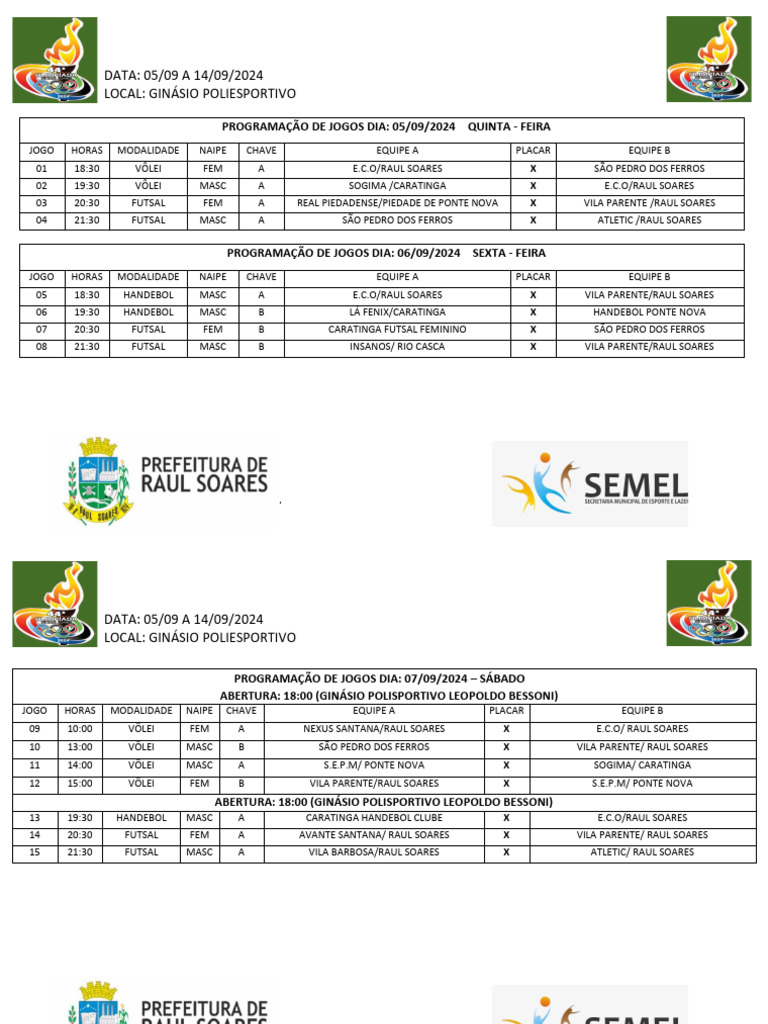 Tabela 44° Olimpiadas de Raul Soares 2024-1 | PDF