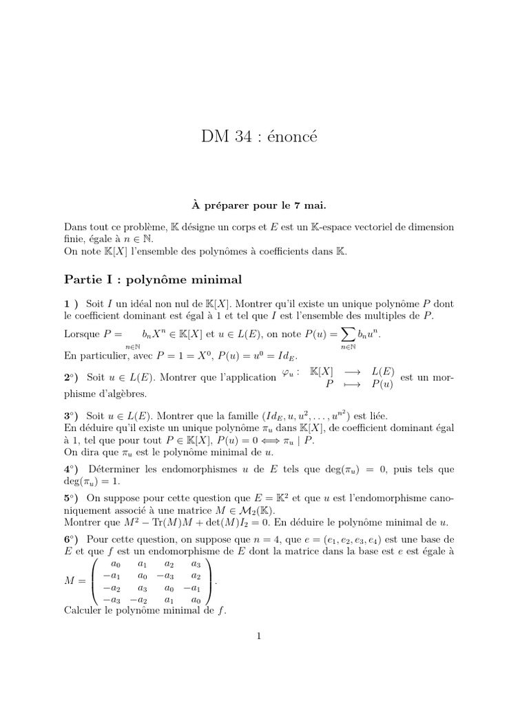 DM 34 - Énoncé - Polynôme Minimal Et Ordre D'un Vecteur | PDF