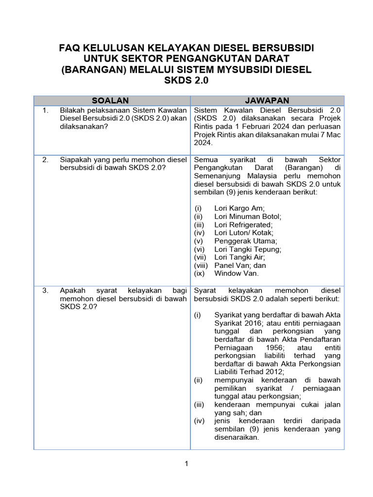 FAQ SISTEM MYSUBSIDI DIESEL 2.0 BARANGAN KPDN 06 MAC 2024 | PDF