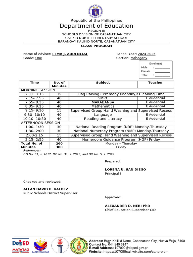CLASS-PROGRAM-TEACHERS-PROGRAM_2024-2025-ELMA-J.-AUDENCIAL | PDF