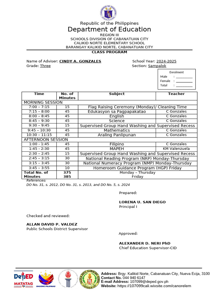 Class Program Teachers Program - 2024 2025 Cindy A. Gonzales | PDF