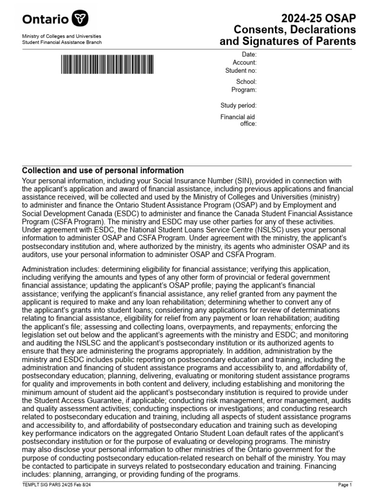 2024-25 OSAP Consents, Declarations and Signatures of Parents Immanuela ...
