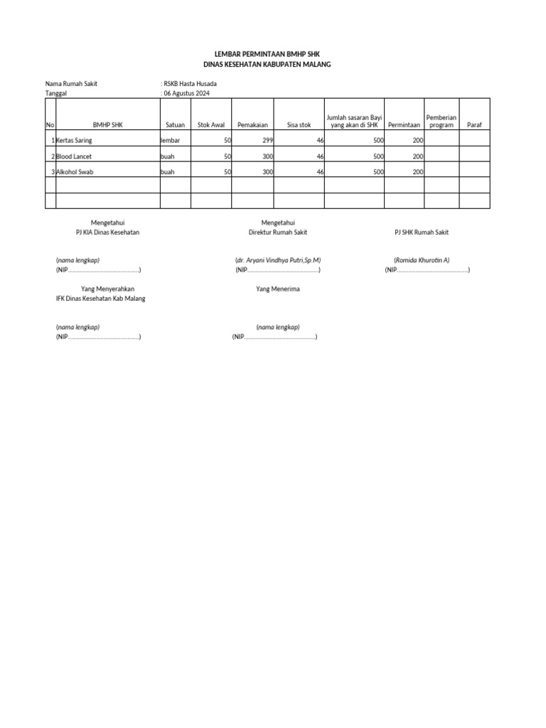Lembar Permintaan BMHP SHK 2024 | PDF