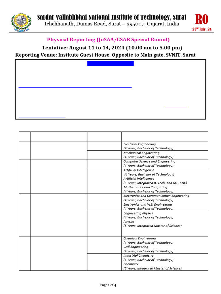 4. SVNIT Physical Reporting JoSAA_CSAB 2024 | PDF