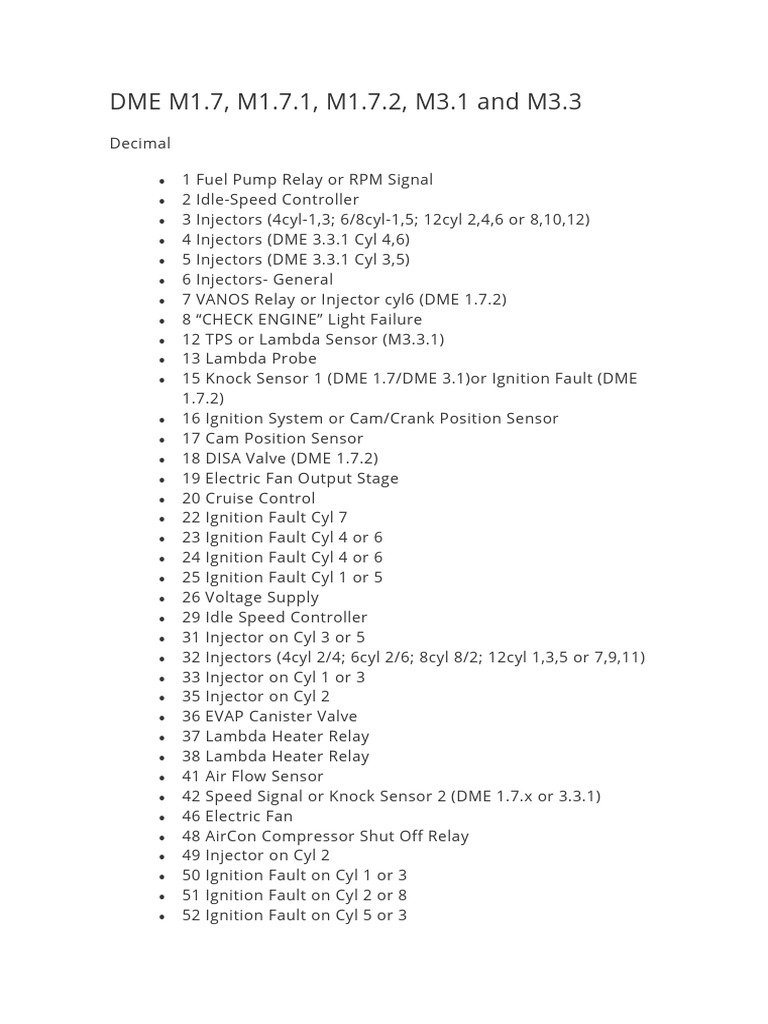 DME Motronic 1.7.2 Decimal Error Codes | PDF
