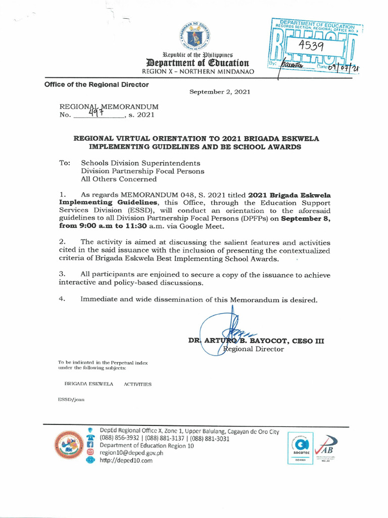 RM - 497 - Regional Virtual Orientation To 2021 Brigada Eskwela ...