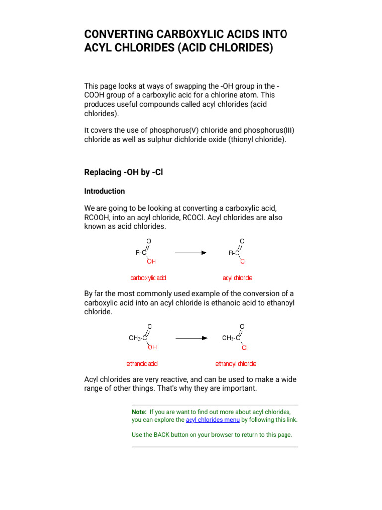 Converting Carboxylic Acids Into Acyl (Acid) Chlorides | PDF