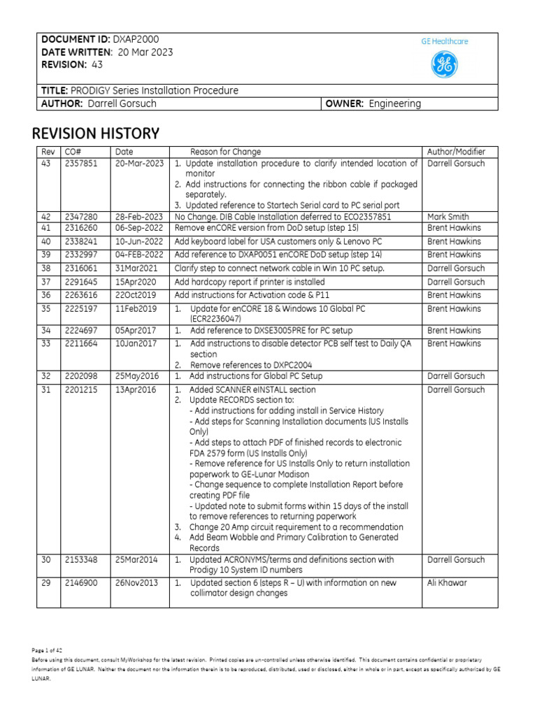 Revision History: DXAP2000: 20 Mar 2023 43 PRODIGY Series Installation ...