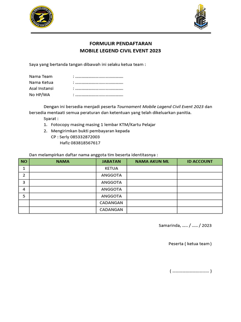 FORMULIR PENDAFTARAN MOBILE LEGEND CIVENT 23-1 | PDF FORMULIR PENDAFTARAN MOBILE LEGEND CIVENT 23-1 | PDF