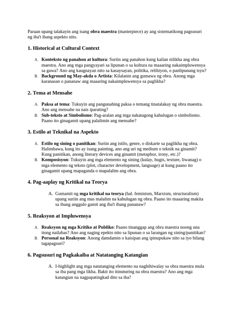 Paraan Upang Talakayin Ang Isang Obra Maestra | PDF