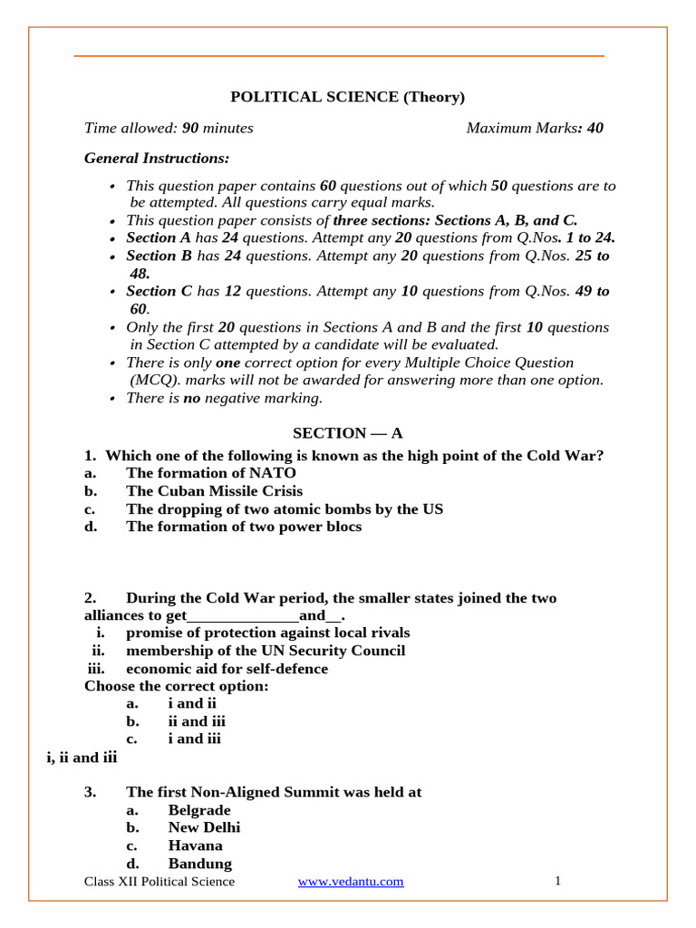 CBSE Class 12 Political Science Term 1 Question Paper 2022 - Download ...