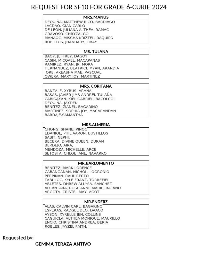 Request For SF10 For Grade 6 | PDF