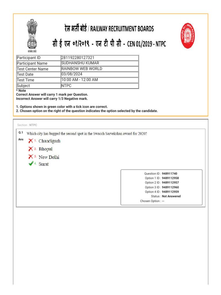 525405521 RRB NTPC Answer Sheet (1) | PDF