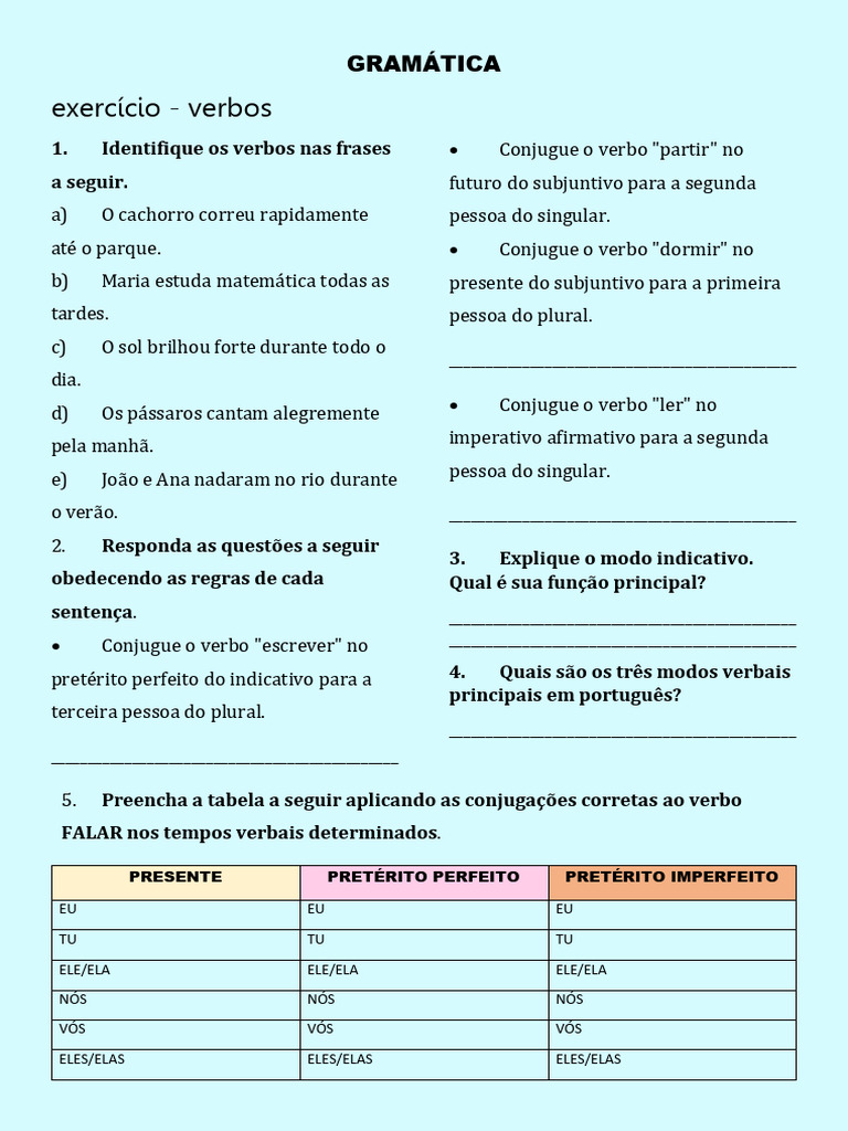 Os Verbos - Exercício | PDF