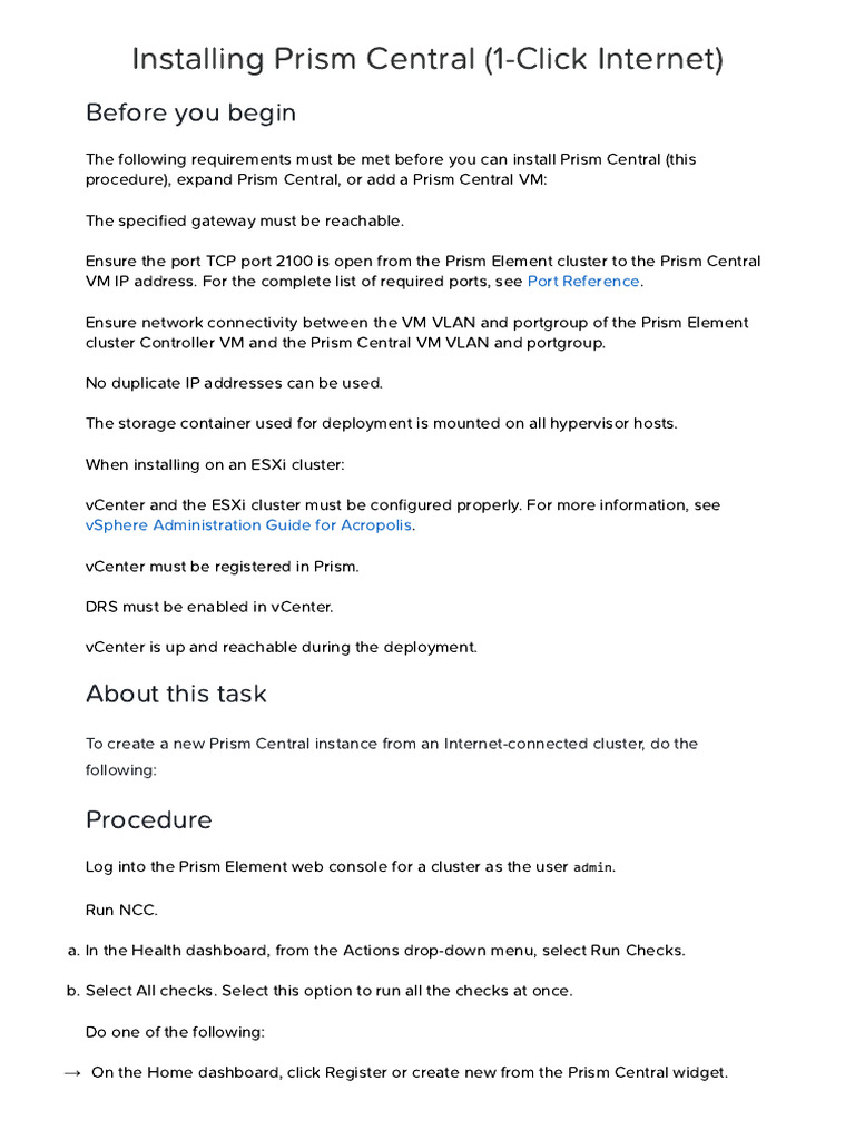 Prism 6.5 - Installing Prism Central (1-Click Internet) | PDF