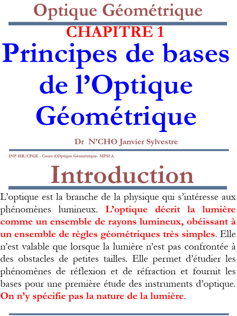 Optique Geometrique-Chapitre 1-Principes de Bases de L'optique Geometrique | PDF